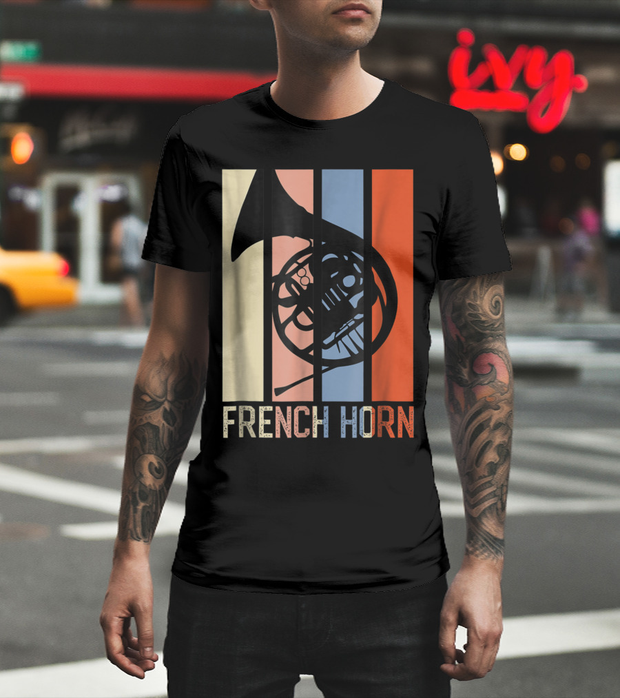 French Horn Dad Marching Band High School Strip Style Retro Music 22 T-Shirt