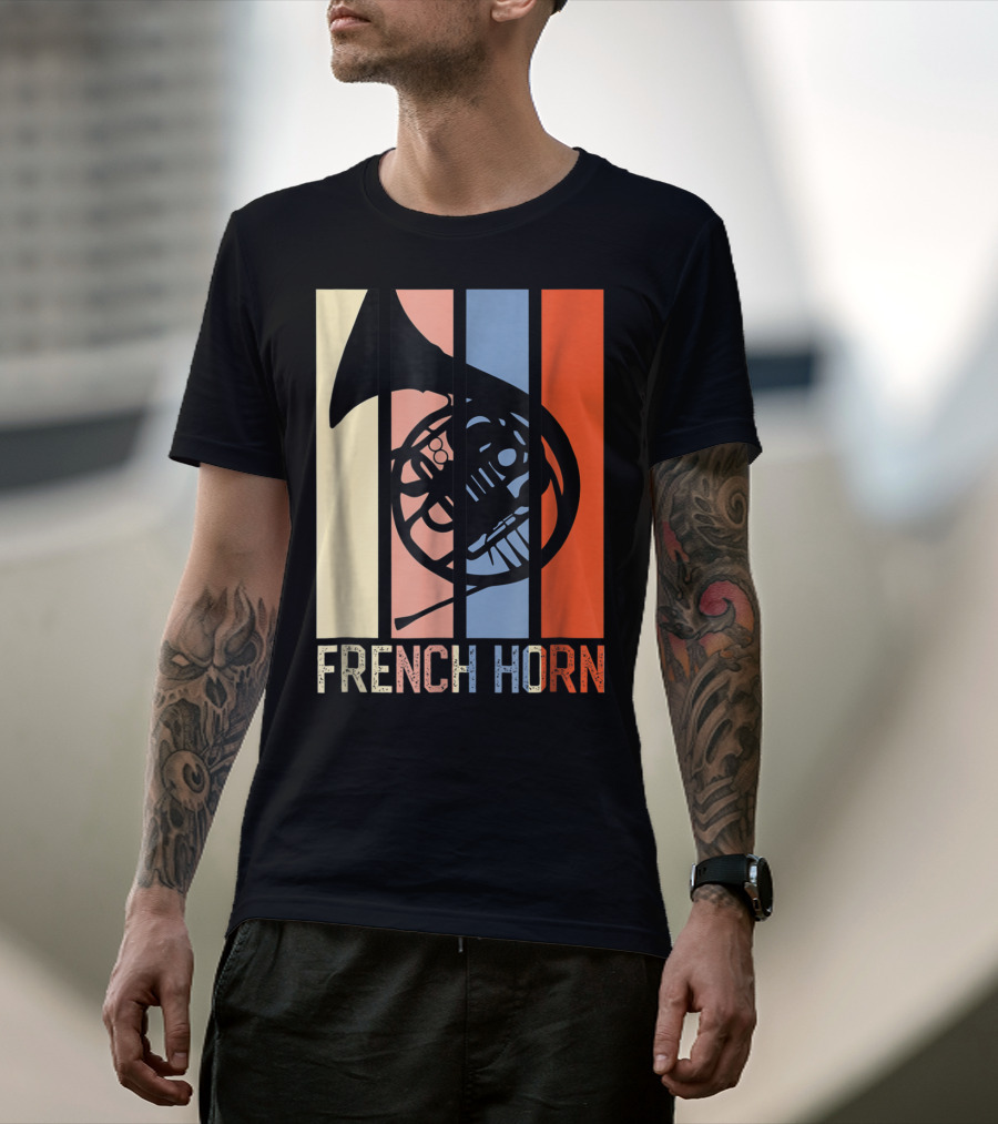 French Horn Dad Marching Band High School Strip Style Retro Music 22 T-Shirt