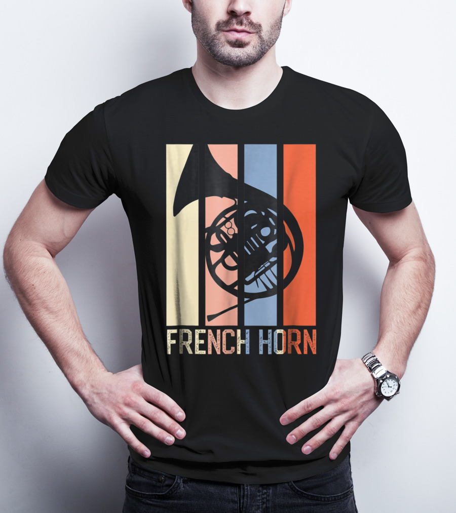 French Horn Dad Marching Band High School Strip Style Retro Music 22 T-Shirt