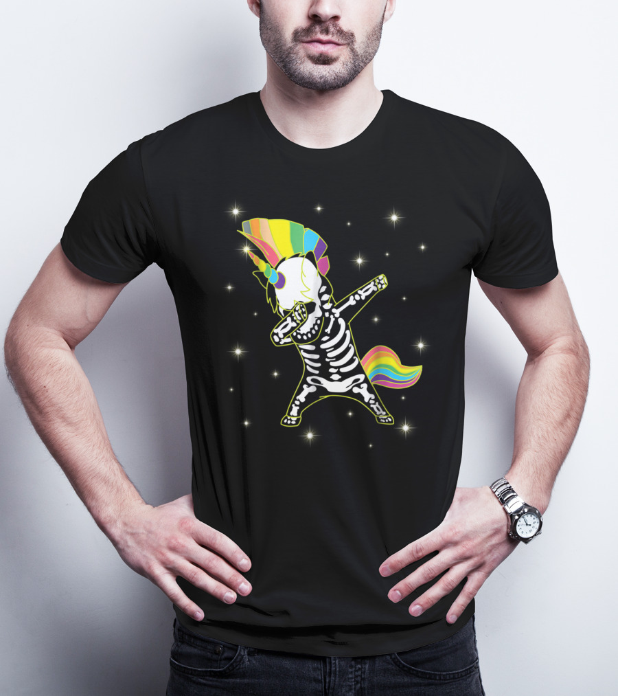 Dabbing Unicorn Skeleton Dad Hip Hop Xray Rainbow Mane Tail Starry Background T-Shirt
