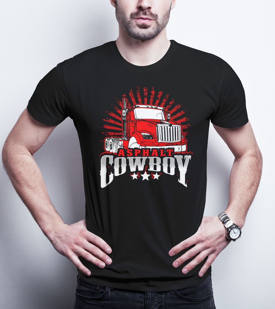 Asphalt Cowboy Red Truck Driver Dad Humor T-Shirt