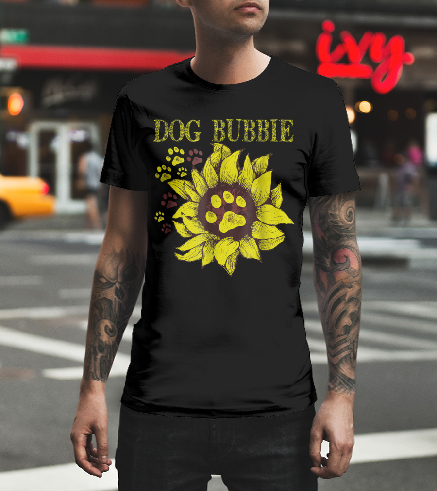 Dog Bubbie Sunflower And Paw Prints T-Shirt
