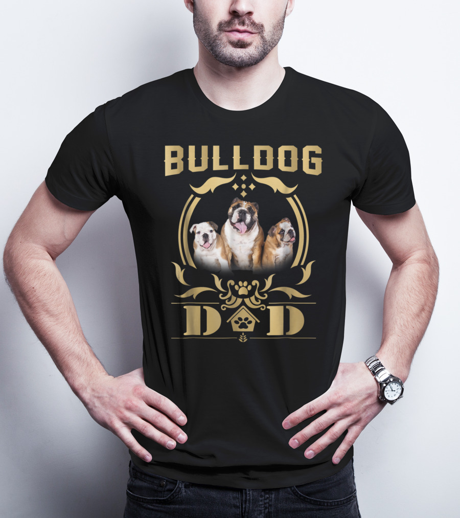 Bulldog Dad Trio With Paw Print Embellishments T-Shirt