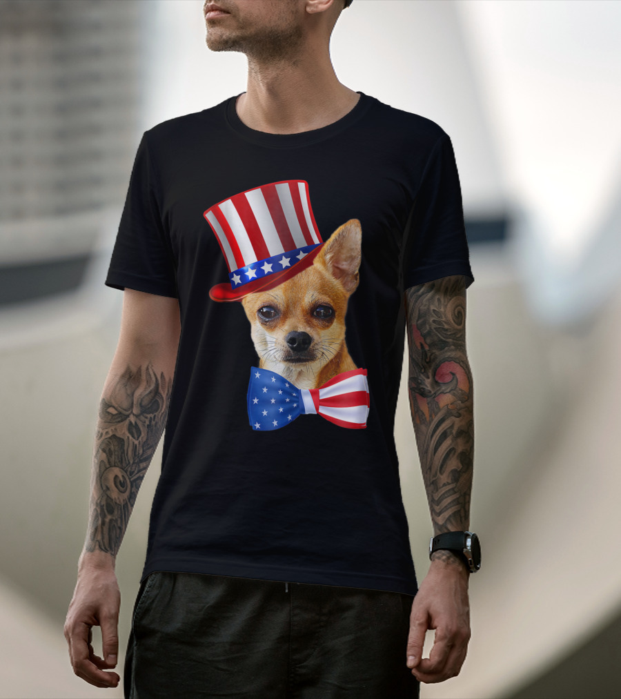 Chihuahua Uncle Sam Hat And Bowtie American Flag T-Shirt