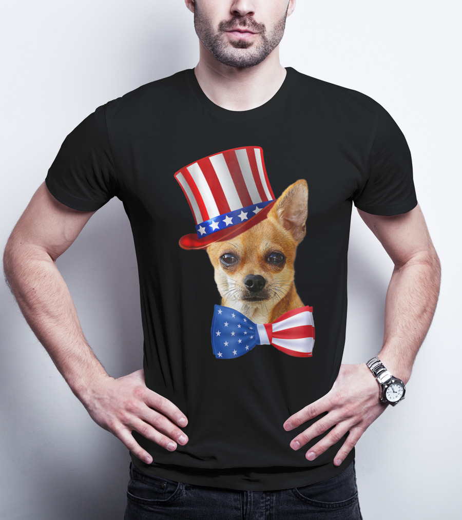 Chihuahua Uncle Sam Hat And Bowtie American Flag T-Shirt