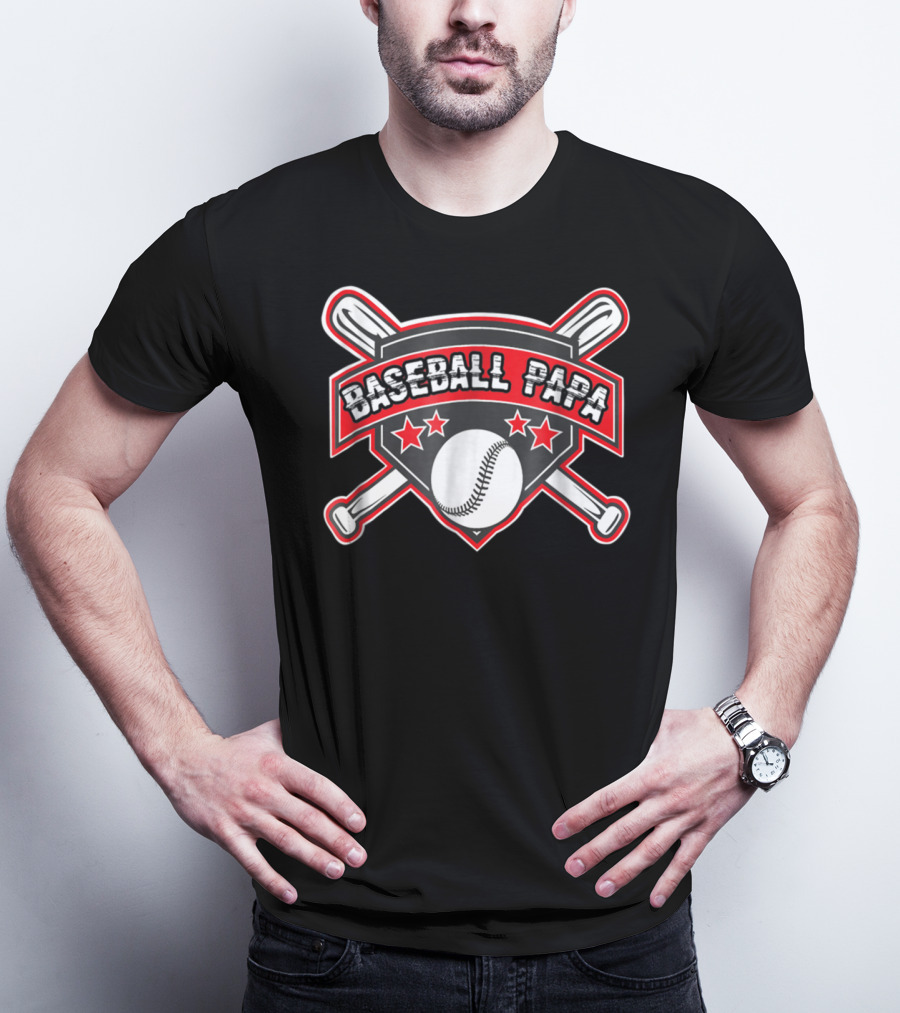 Baseball Papa Shield With Crossed Bats And Stars T-Shirt