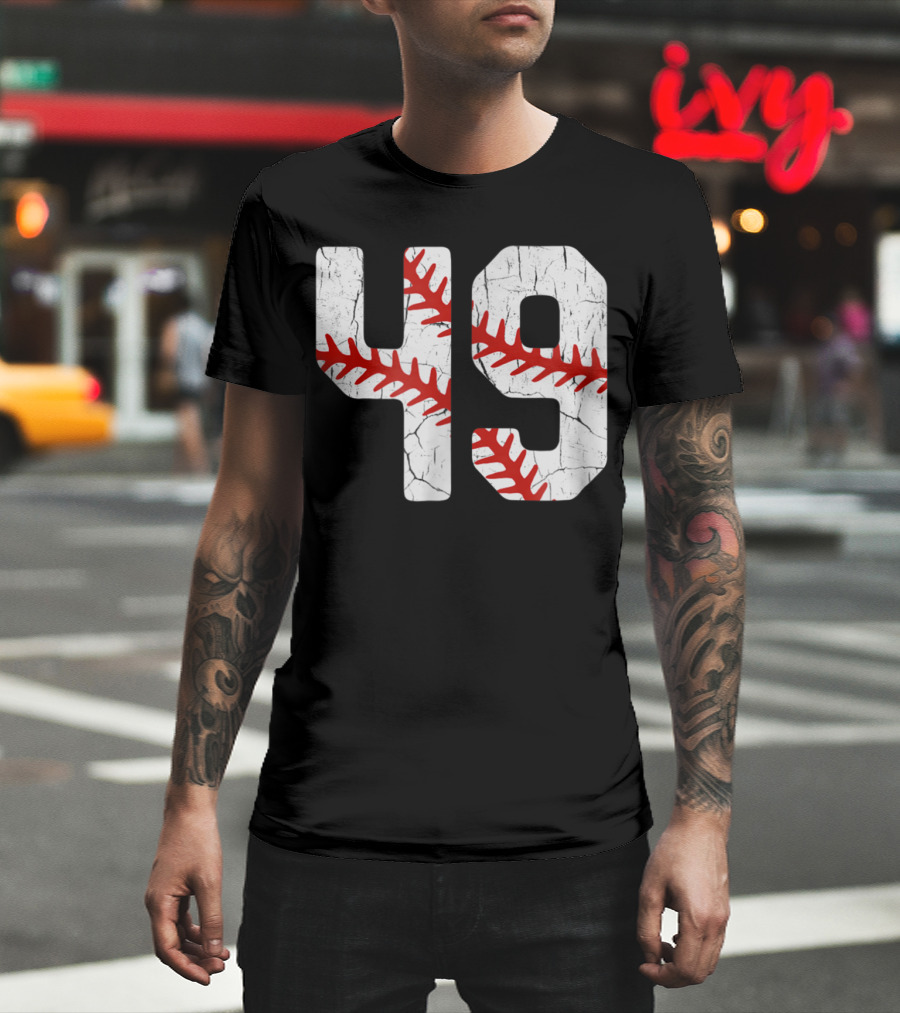 Baseball Player Jersey Number 49 Red Stitching T-Shirt