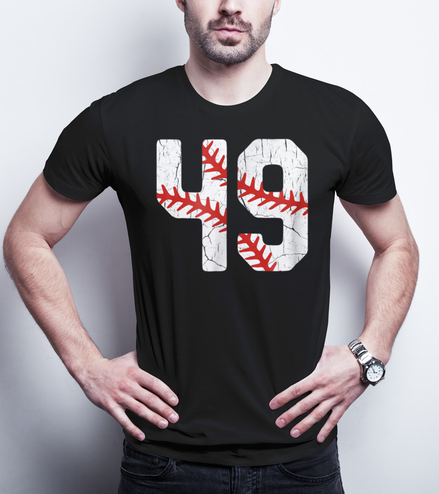 Baseball Player Jersey Number 49 Red Stitching T-Shirt