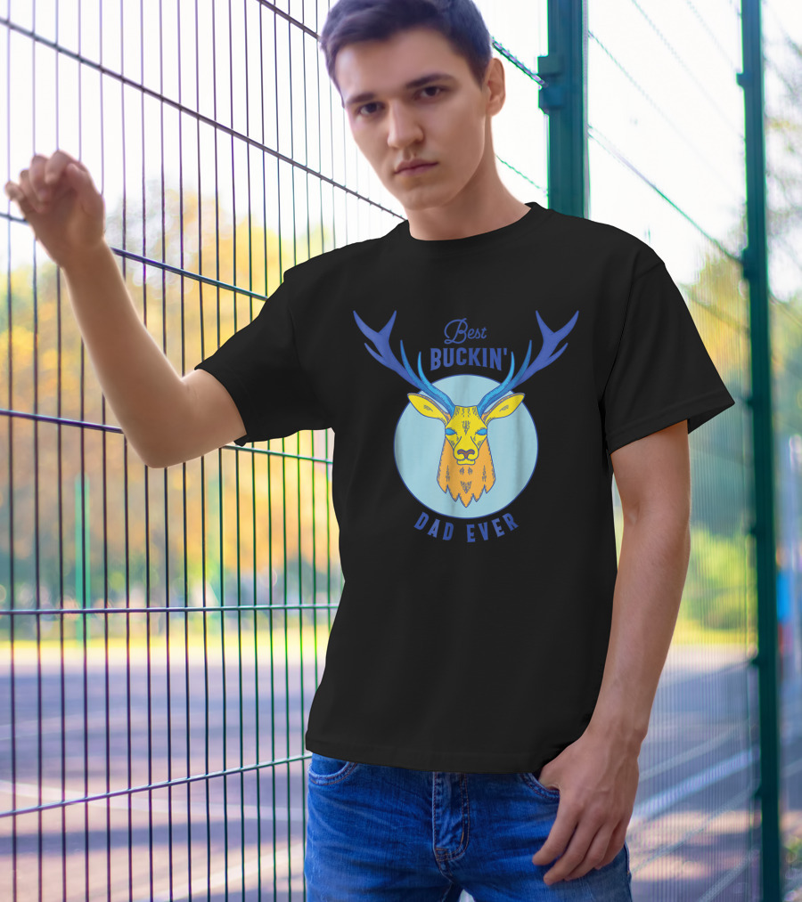 Best Buckin' Dad Ever Deer Hunting Stag Head Blue And Yellow Circle T-Shirt