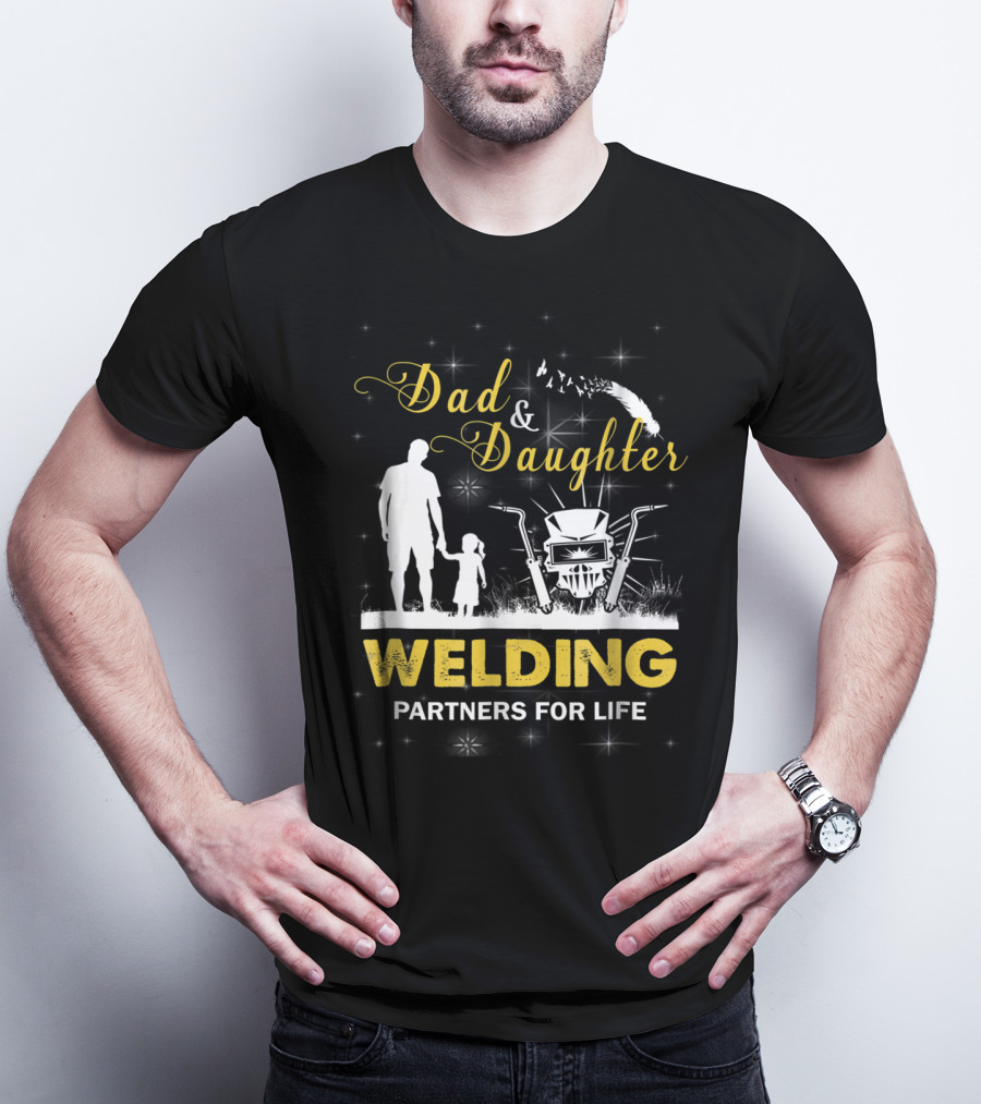 Dad And Daughter Welding Partners For Life Silhouette With Feathers And Sparks T-Shirt