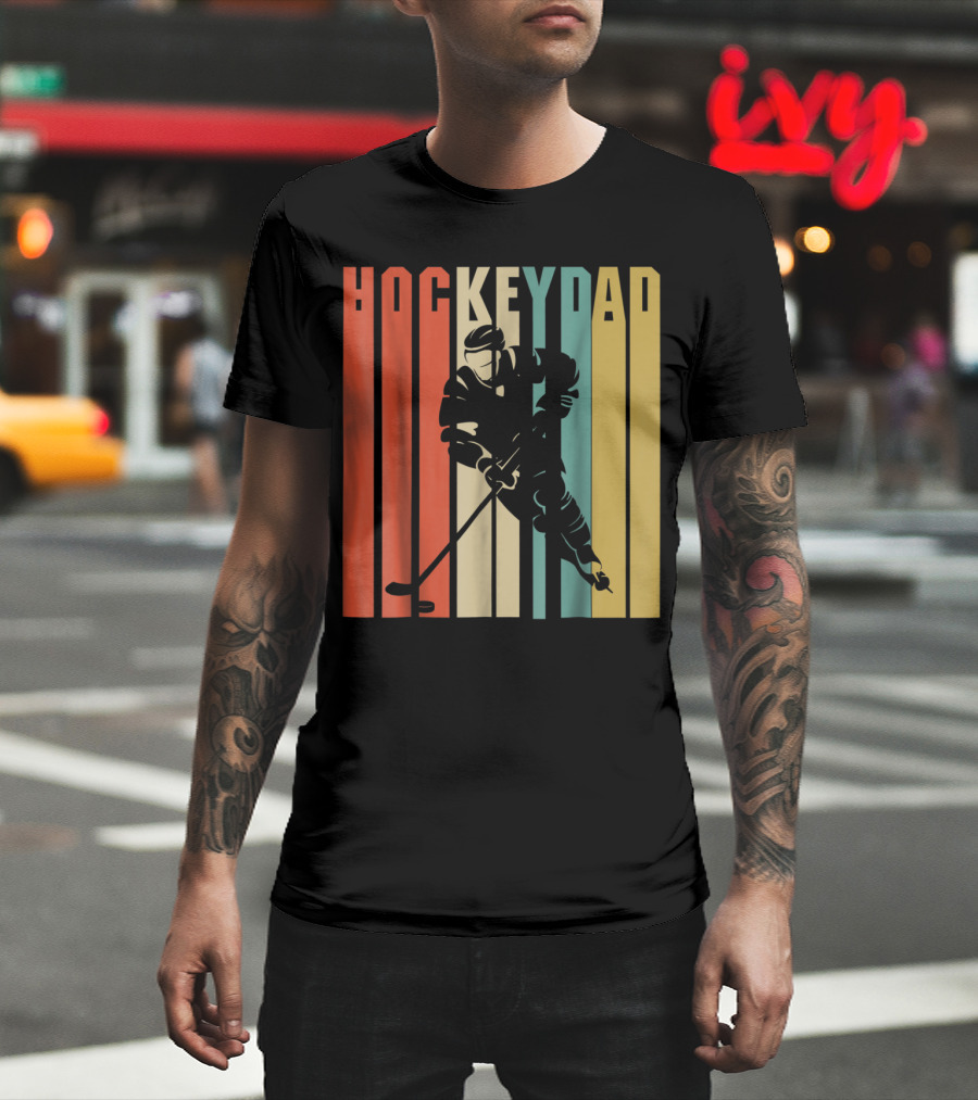 Classic Vintage Hockey Dad Player Silhouette Retro Stripes T-Shirt