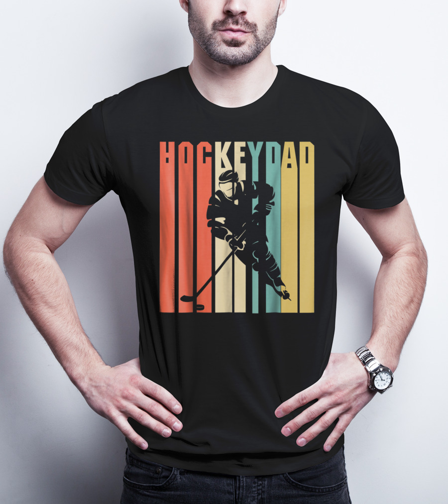 Classic Vintage Hockey Dad Player Silhouette Retro Stripes T-Shirt