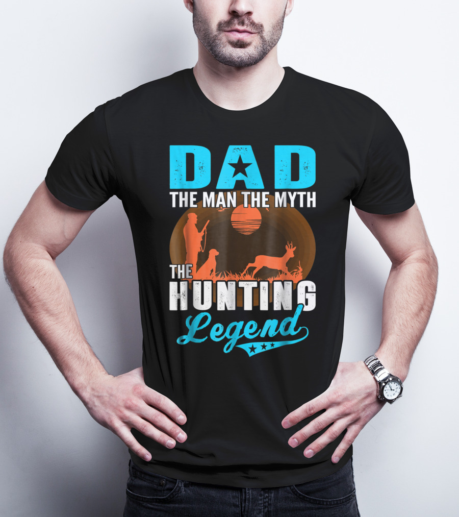 Dad The Man The Myth The Hunting Legend With Hunter Dog Deer And Sunset T-Shirt