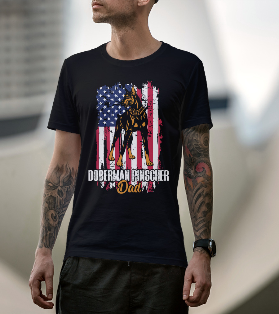 Doberman Pinscher Dad American Flag T-Shirt