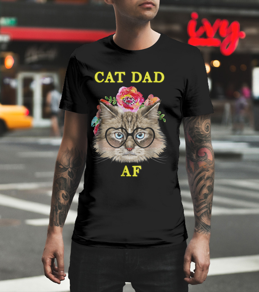 Funny Cat Dad AF With Floral Bouquet And Glasses T-Shirt