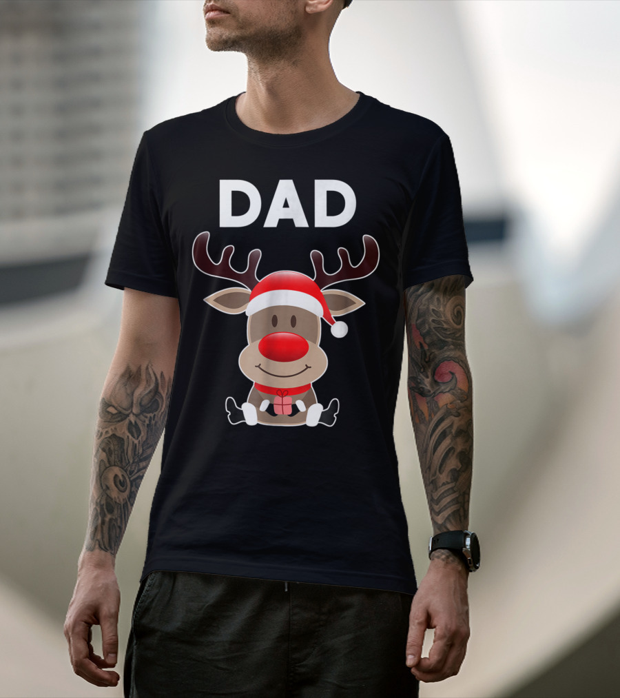 Dad Christmas Reindeer With Santa Hat And Gift T-Shirt