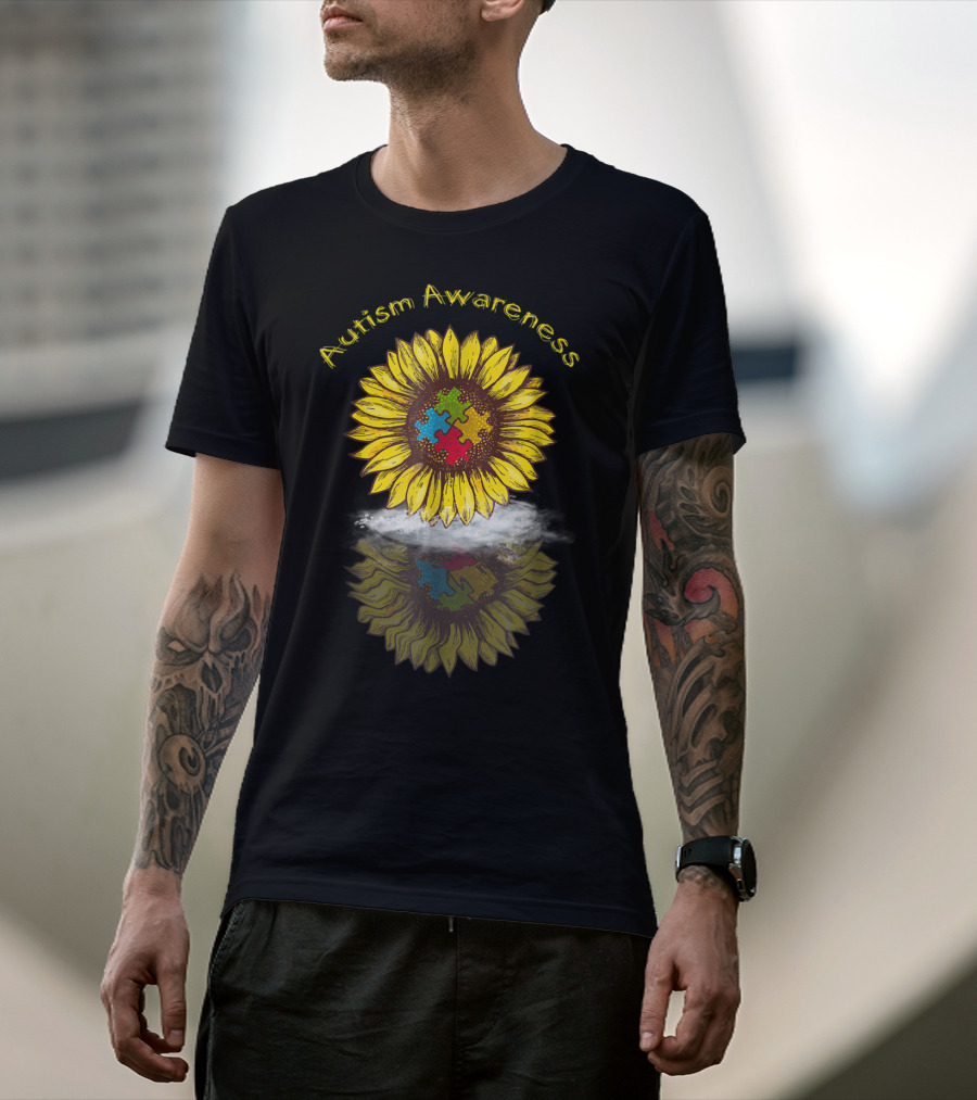Autism Awareness Sunflower With Puzzle Piece Reflection In Water T-Shirt