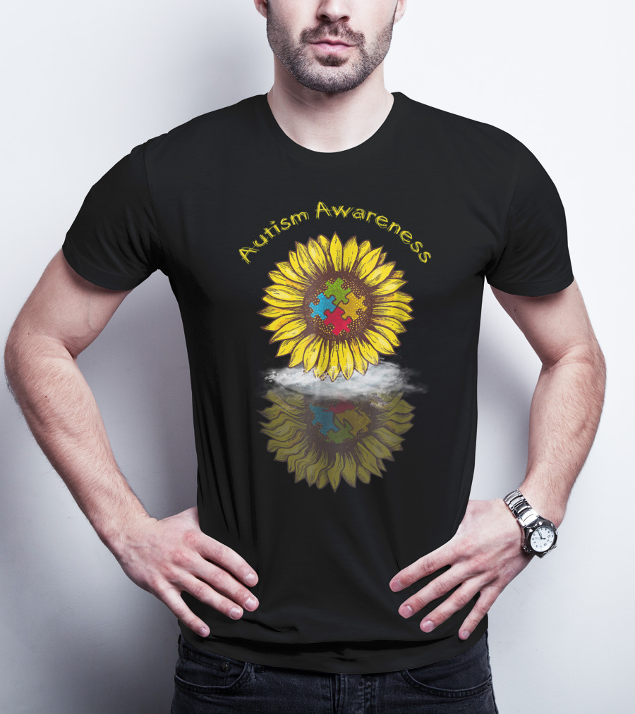Autism Awareness Sunflower With Puzzle Piece Reflection In Water T-Shirt