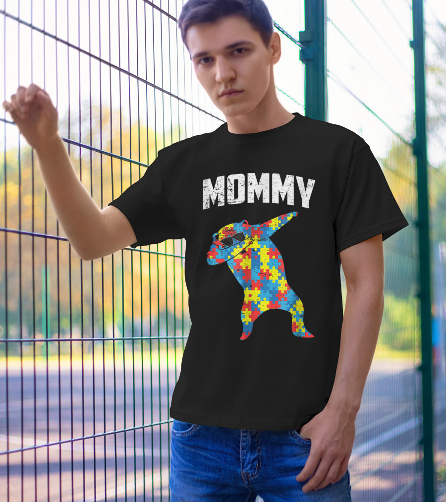 Autism Puzzle Bear Dabbing Mommy Glasses T-Shirt