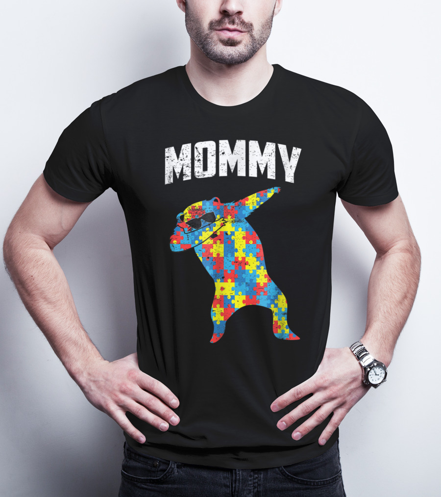 Autism Puzzle Bear Dabbing Mommy Glasses T-Shirt