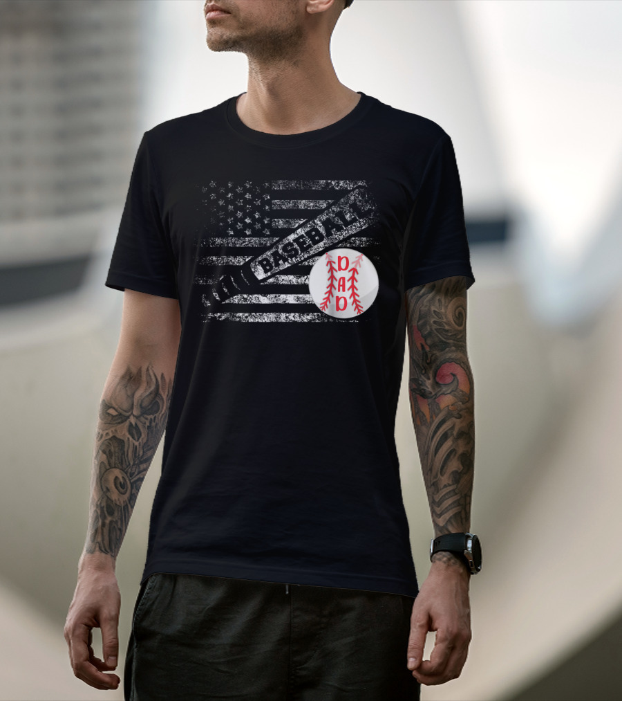 Baseball Dad American Flag With Bat And Ball T-Shirt