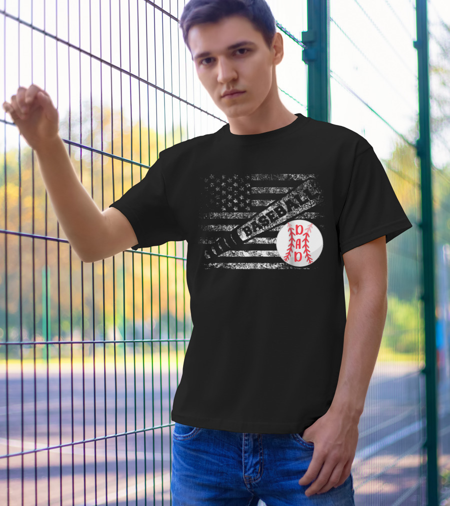 Baseball Dad American Flag With Bat And Ball T-Shirt