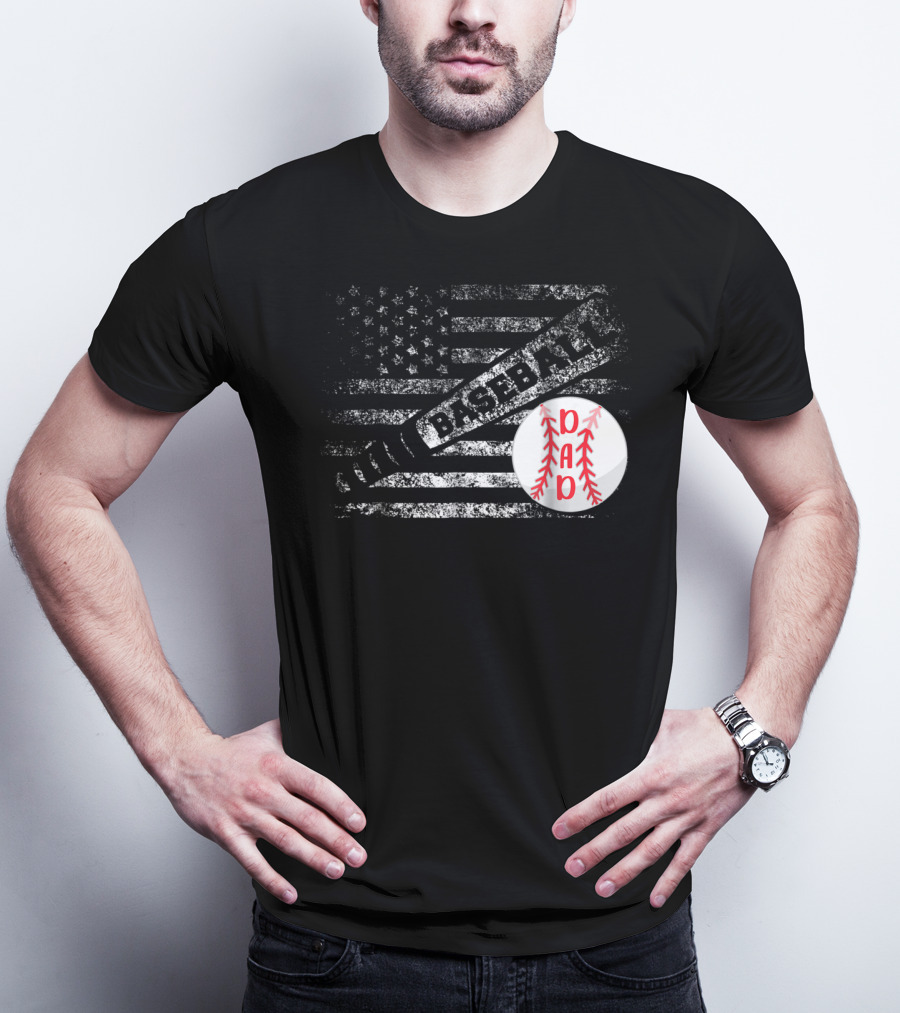 Baseball Dad American Flag With Bat And Ball T-Shirt