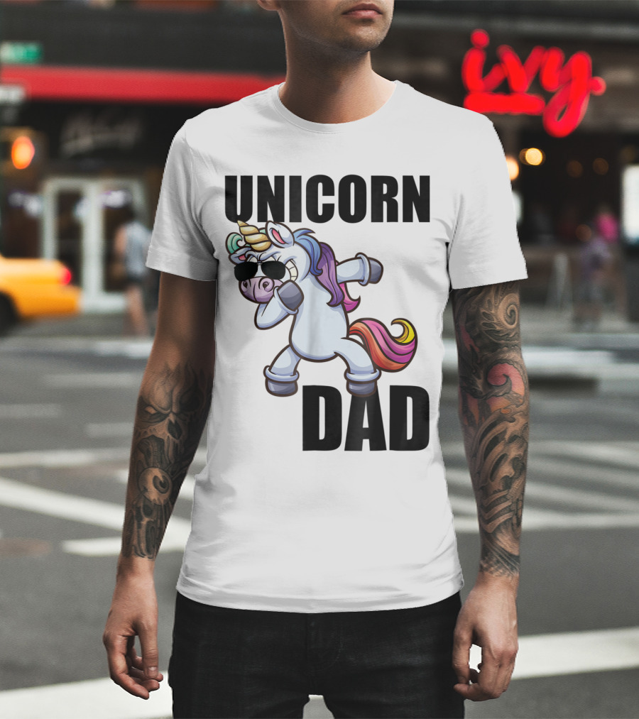 Unicorn Dad Dabbing With Sunglasses And Rainbow Mane T-Shirt
