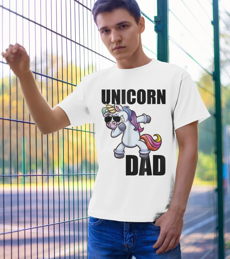 Unicorn Dad Dabbing With Sunglasses And Rainbow Mane T-Shirt