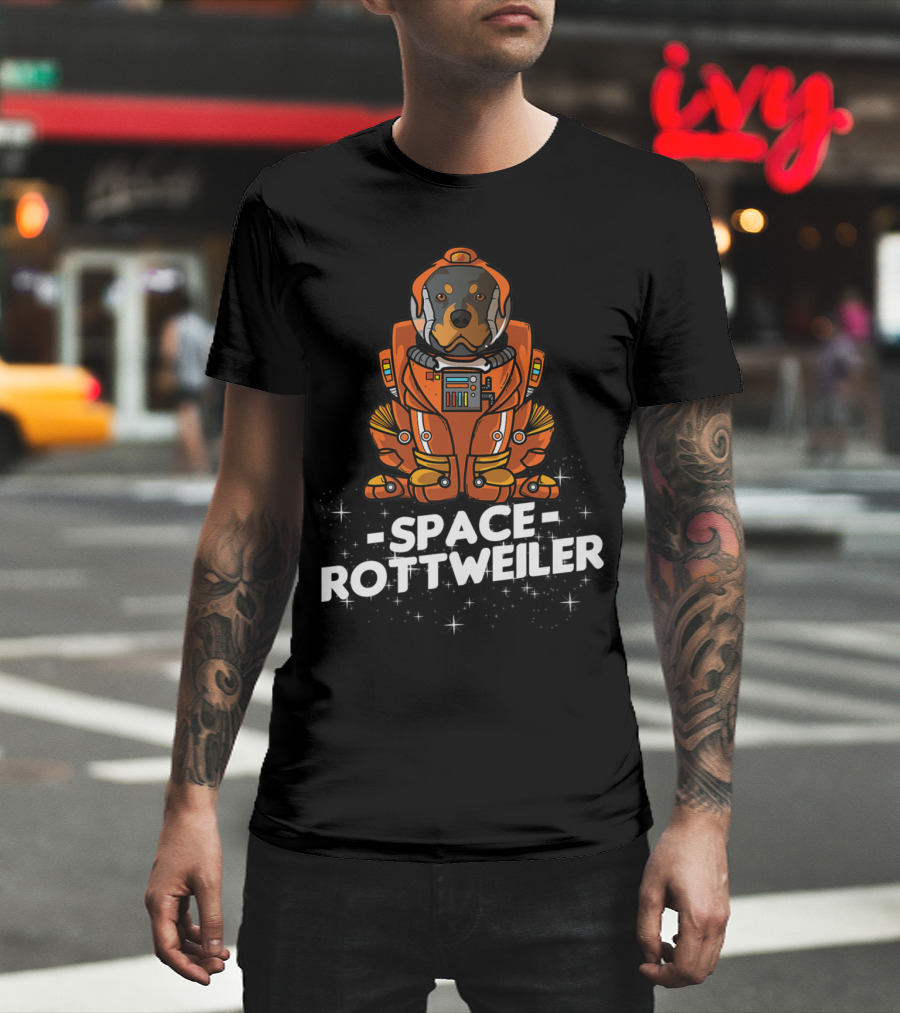 Space Rottweiler In Orange Space Suit With Stars T-Shirt