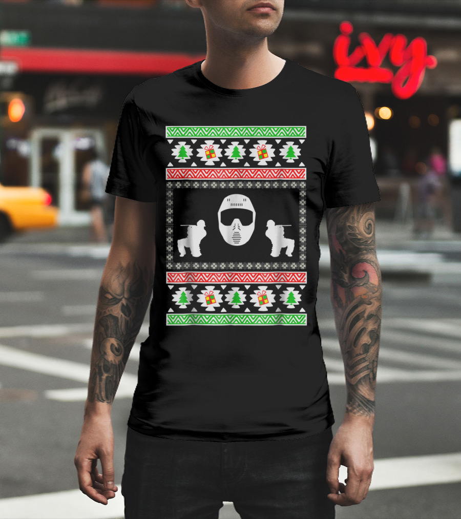 Airsoft Player Ugly Christmas Mask Trees Gifts Merry Holiday T-Shirt
