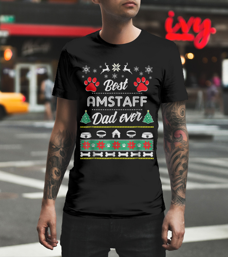 Best Amstaff Dad Ever Christmas Paw Print Snowflakes T-Shirt