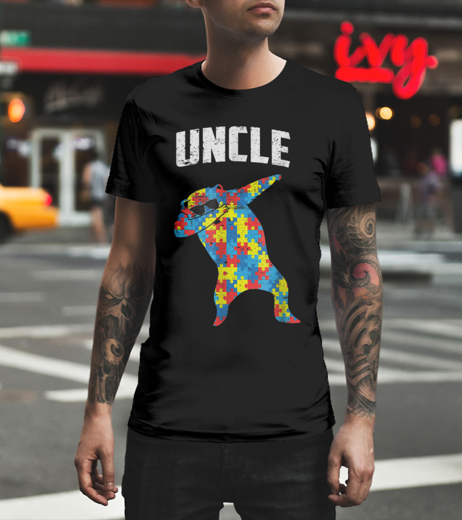 UNCLE Bear Dabbing Puzzle Glasses Autism Mom Dad T-Shirt