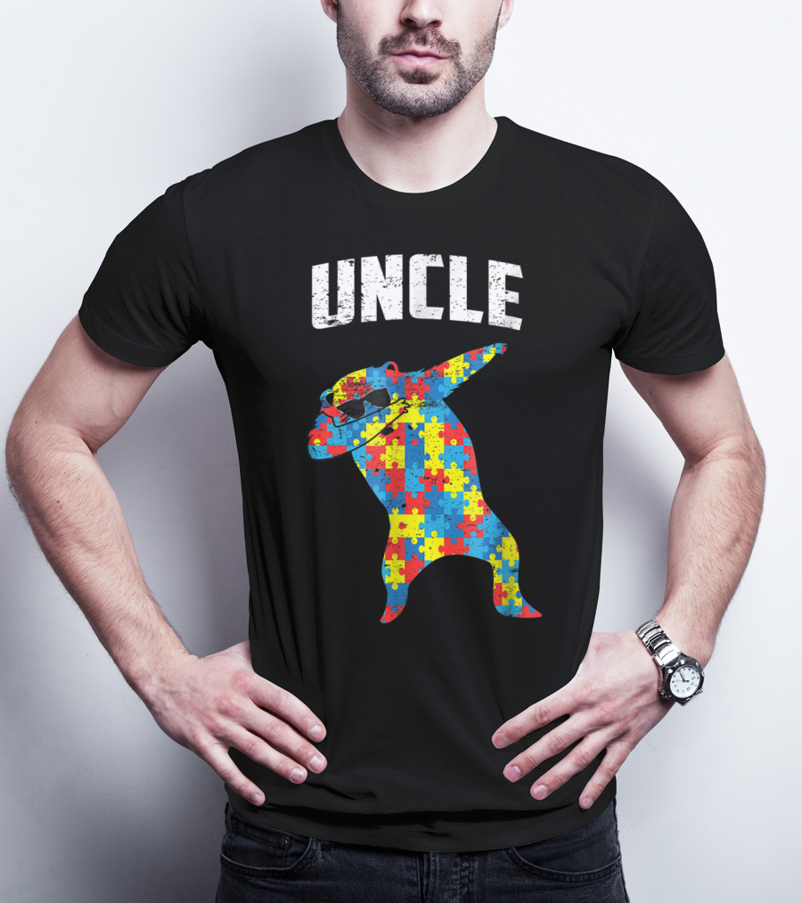 UNCLE Bear Dabbing Puzzle Glasses Autism Mom Dad T-Shirt