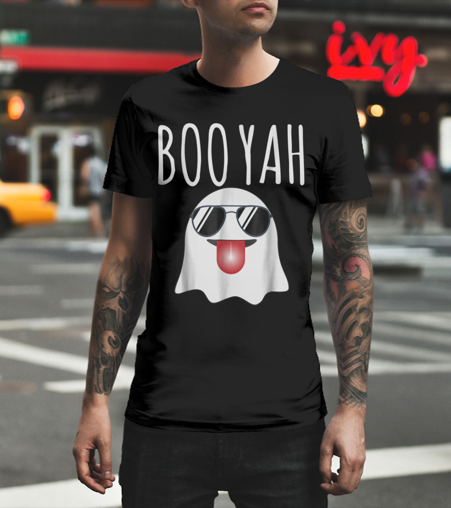 BOO YAH Funny Halloween Dad Ghost With Sunglasses And Tongue Out T-Shirt