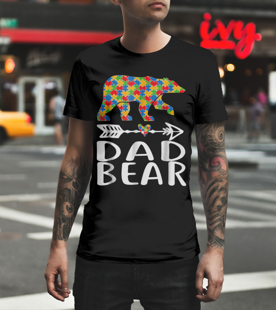 Autism Awareness Bear Puzzle Dad Arrow Heart Family T-Shirt