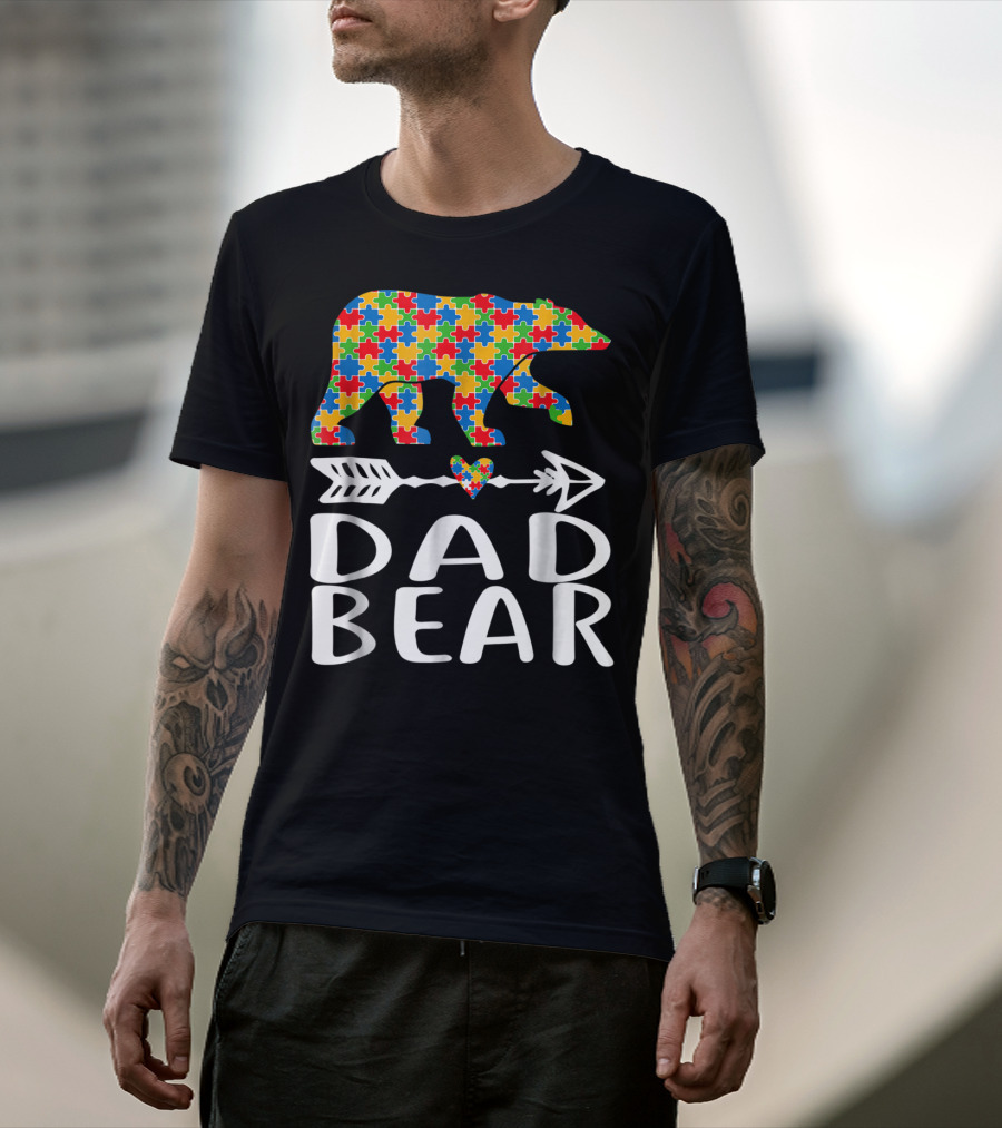 Autism Awareness Bear Puzzle Dad Arrow Heart Family T-Shirt