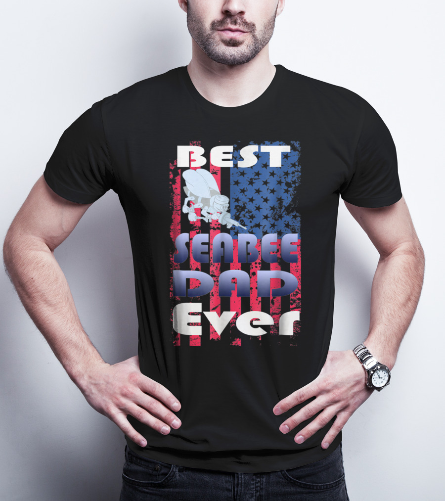 Best Seabee Dad Ever American Flag Bee Mascot T-Shirt