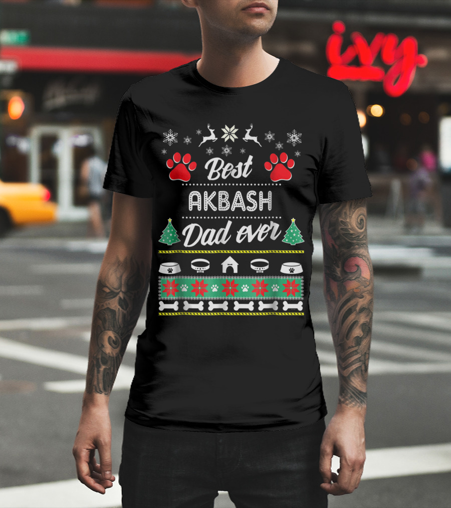 Best Akbash Dad Ever Christmas Snowflakes Reindeer Trees Paws Bones T-Shirt