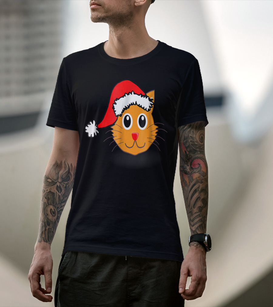 Cat Lover Grandma Kid Grandpa39 Santa Hat Cat Face T-Shirt