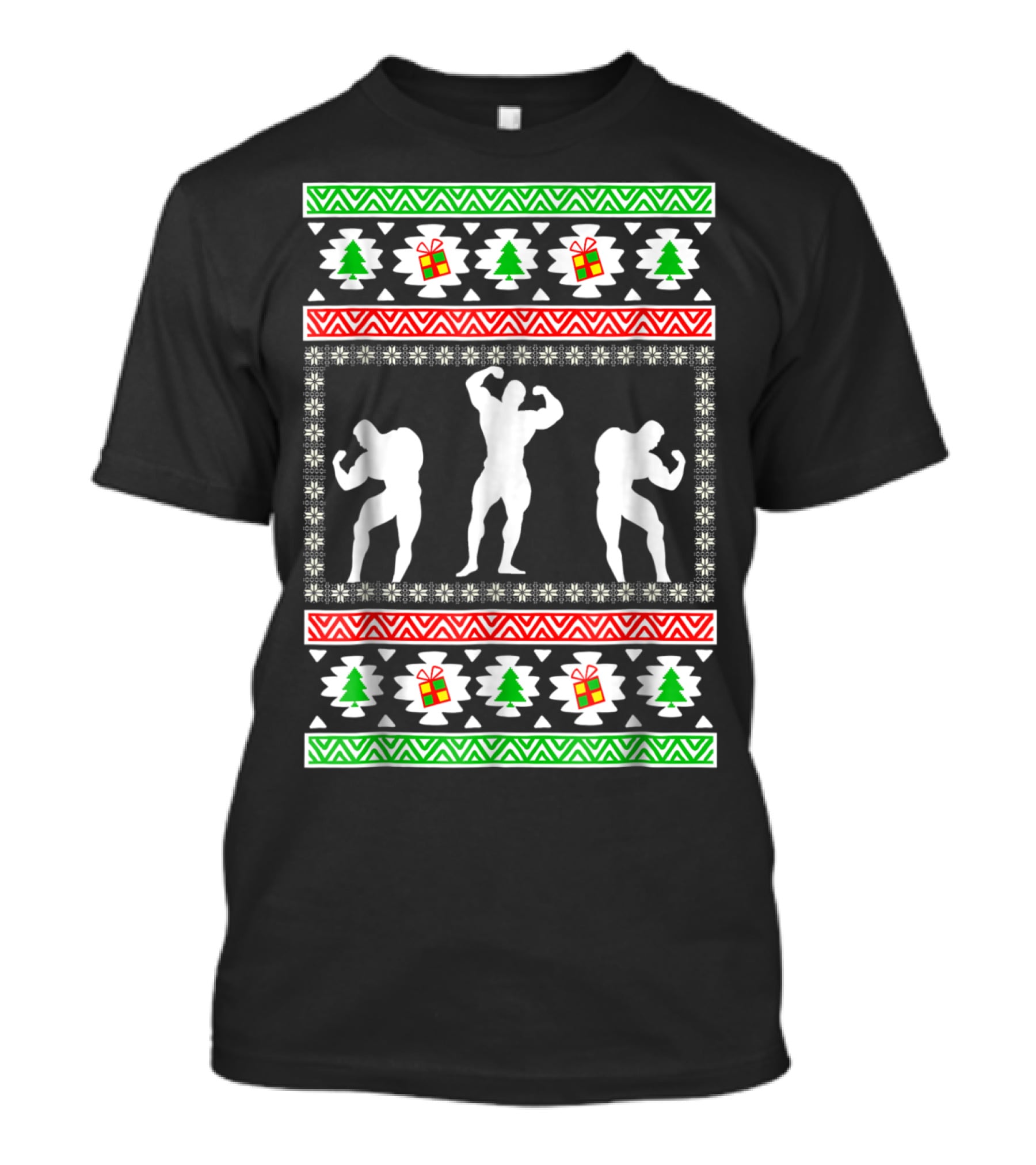Bodybuilding Christmas Silhouette Trees And Gifts T-Shirt
