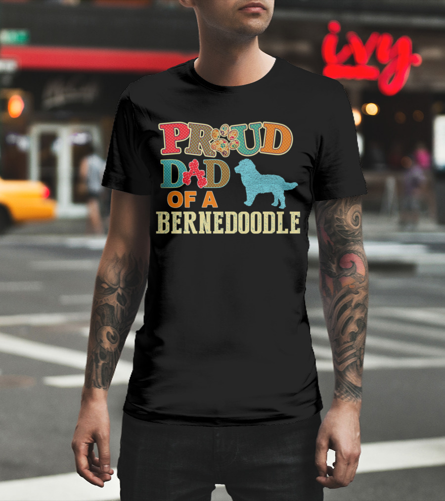 Proud Dad Of A Bernedoodle Colorful Paw Prints T-Shirt