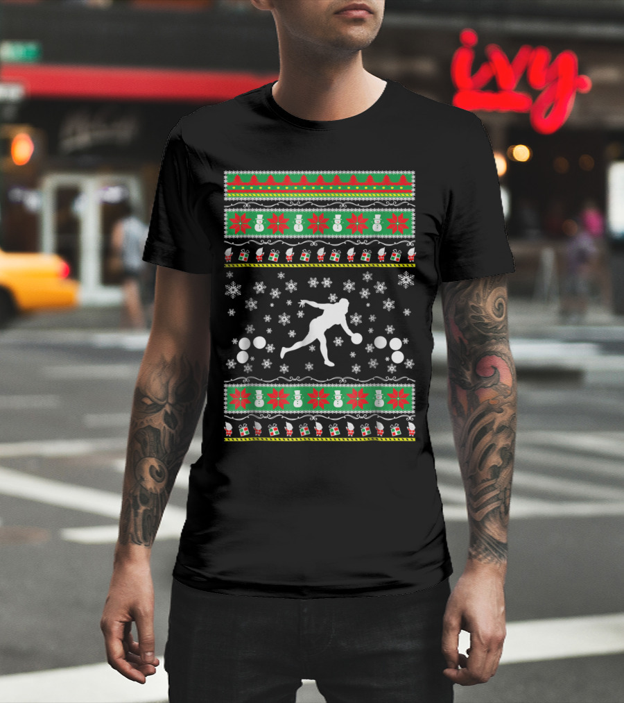 Bocce Ball Ugly Christmas Sweater Themed Dad25 Holiday Snowflakes And Presents T-Shirt