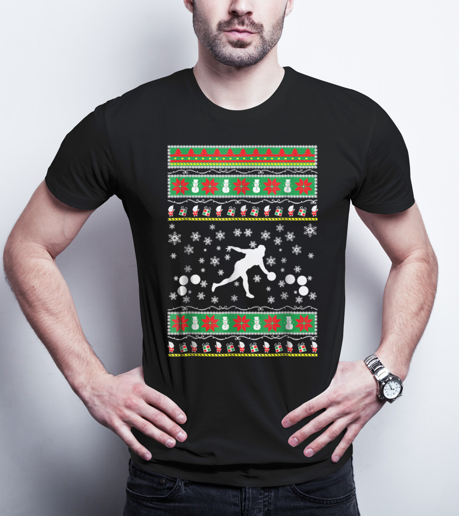 Bocce Ball Ugly Christmas Sweater Themed Dad25 Holiday Snowflakes And Presents T-Shirt
