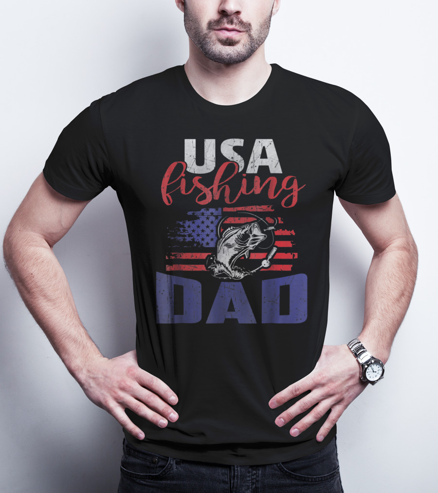 USA Fishing Dad American Flag Bass Fish T-Shirt