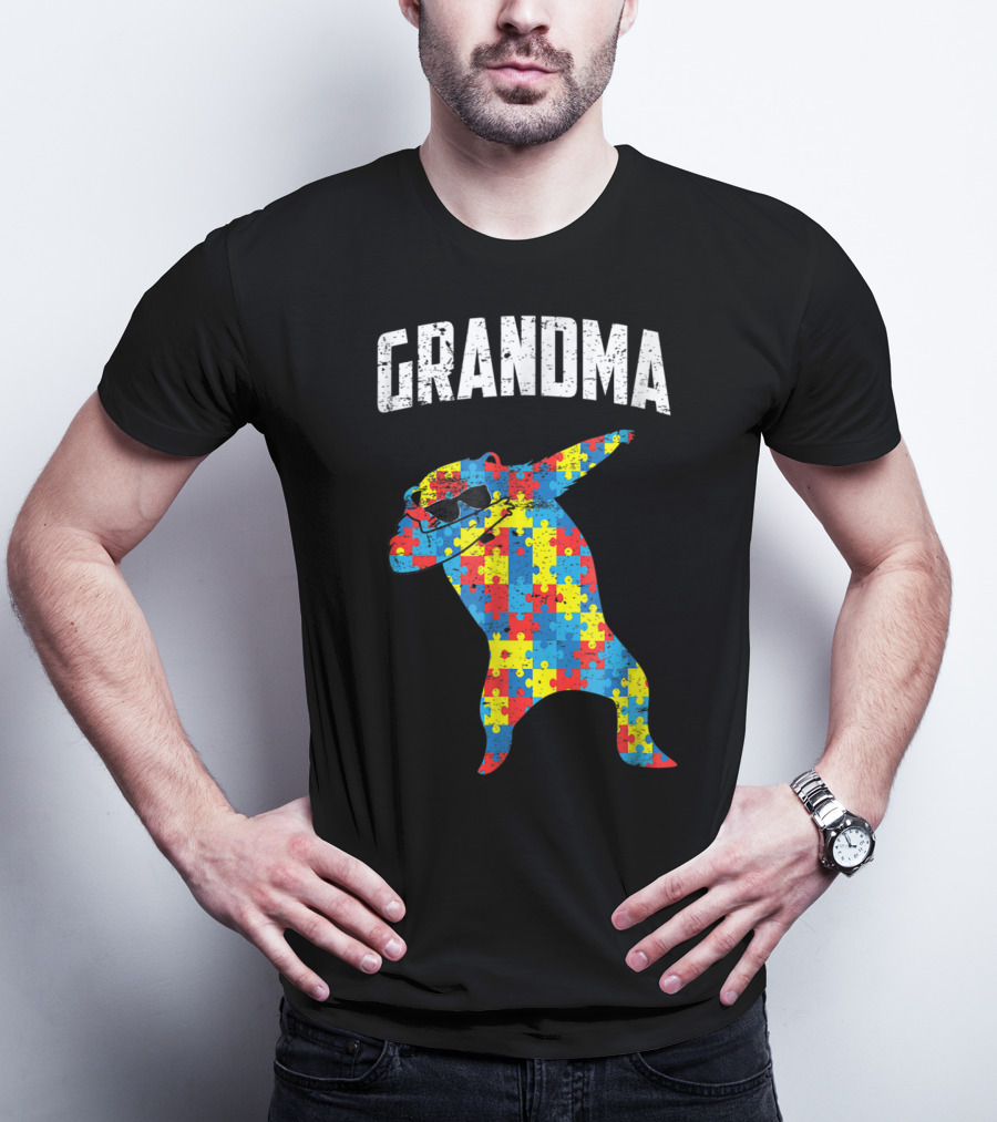 Autism Grandma Bear Dabbing Puzzle Glasses T-Shirt