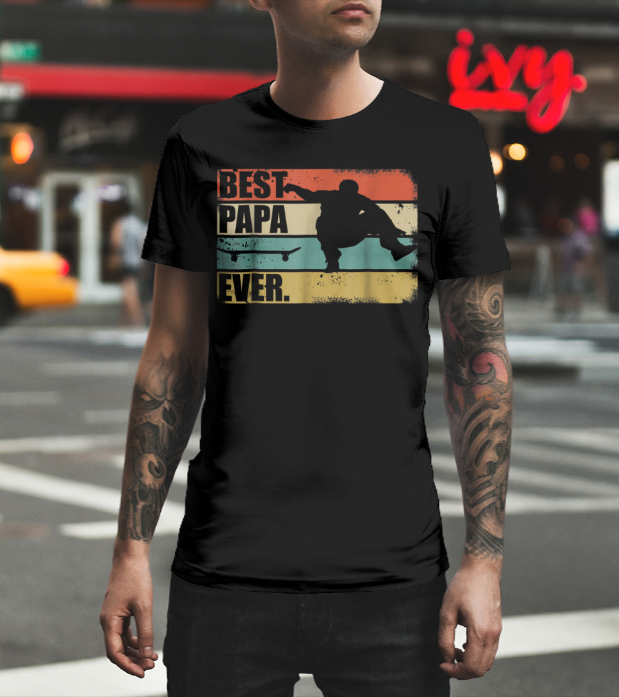 Best Papa Ever Skateboarder Silhouette Retro Stripes T-Shirt