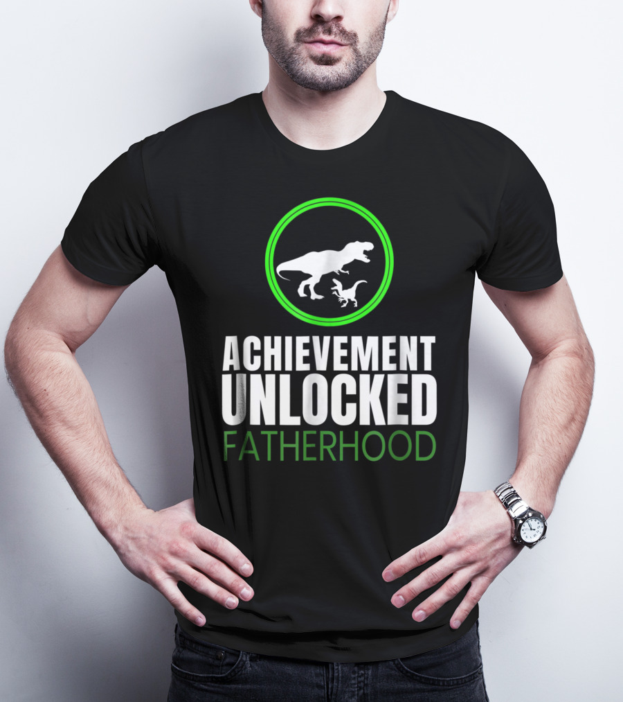 Achievement Unlocked Fatherhood Dinosaur Gaming First Time Dad T-Shirt