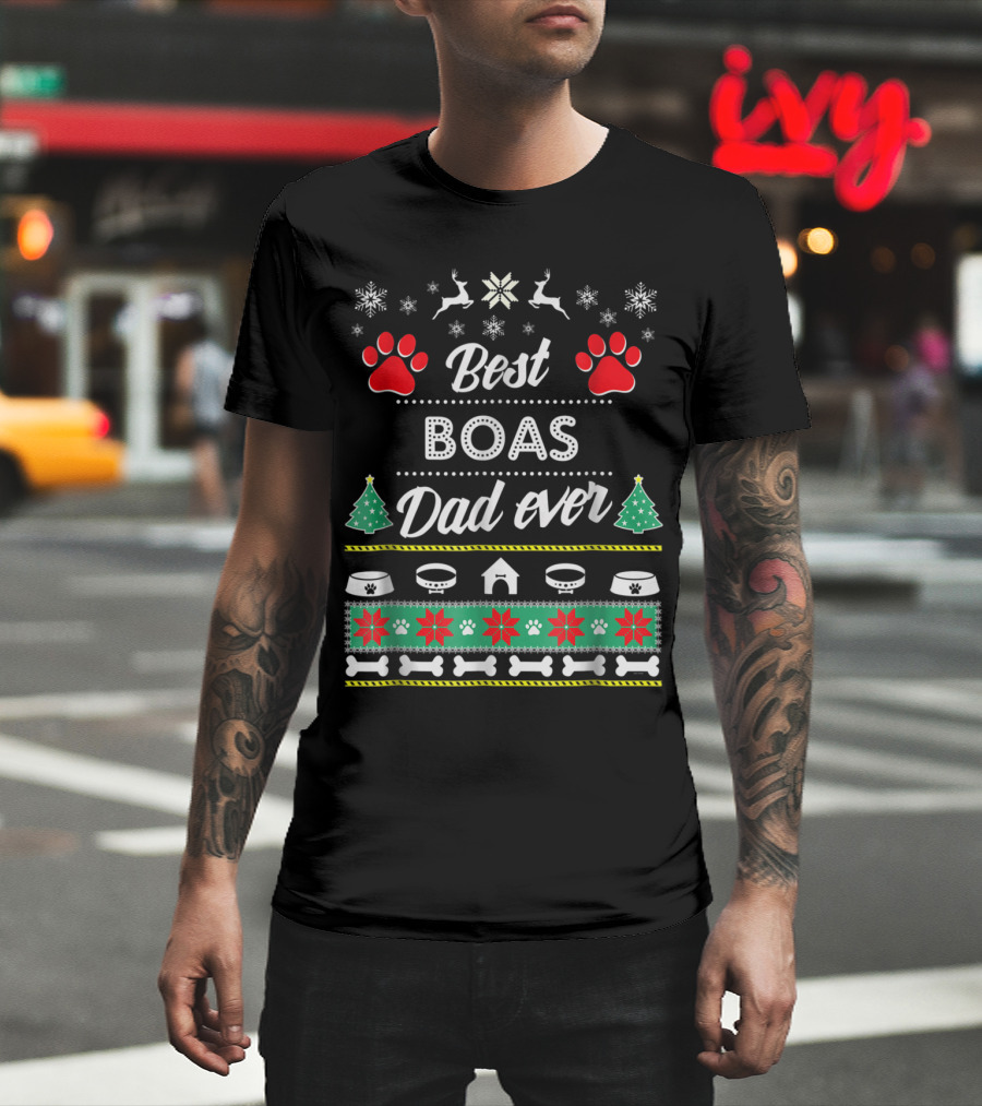 Best Boas Dad Ever Christmas Paw Prints Snowflakes Dog Bowls And Trees T-Shirt