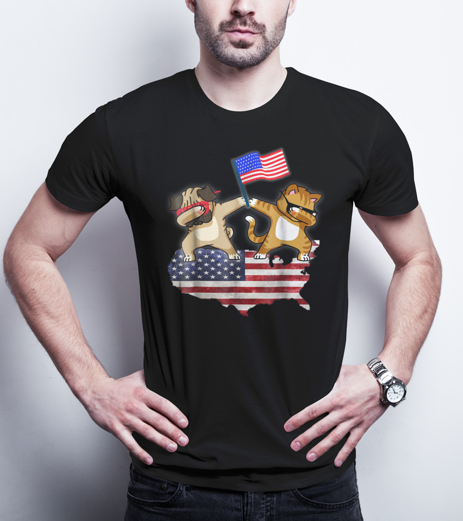 Dad Joke Loading Patriotic Pug And Cat Dabbing With American Flag USA Map T-Shirt